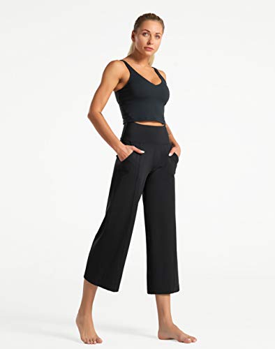 Dragon Fit Women Split Bootleg Yoga Capris Pants with Pockets Tummy Control High Waist Workout Flare Crop Pants (Large, 40k-Black)
