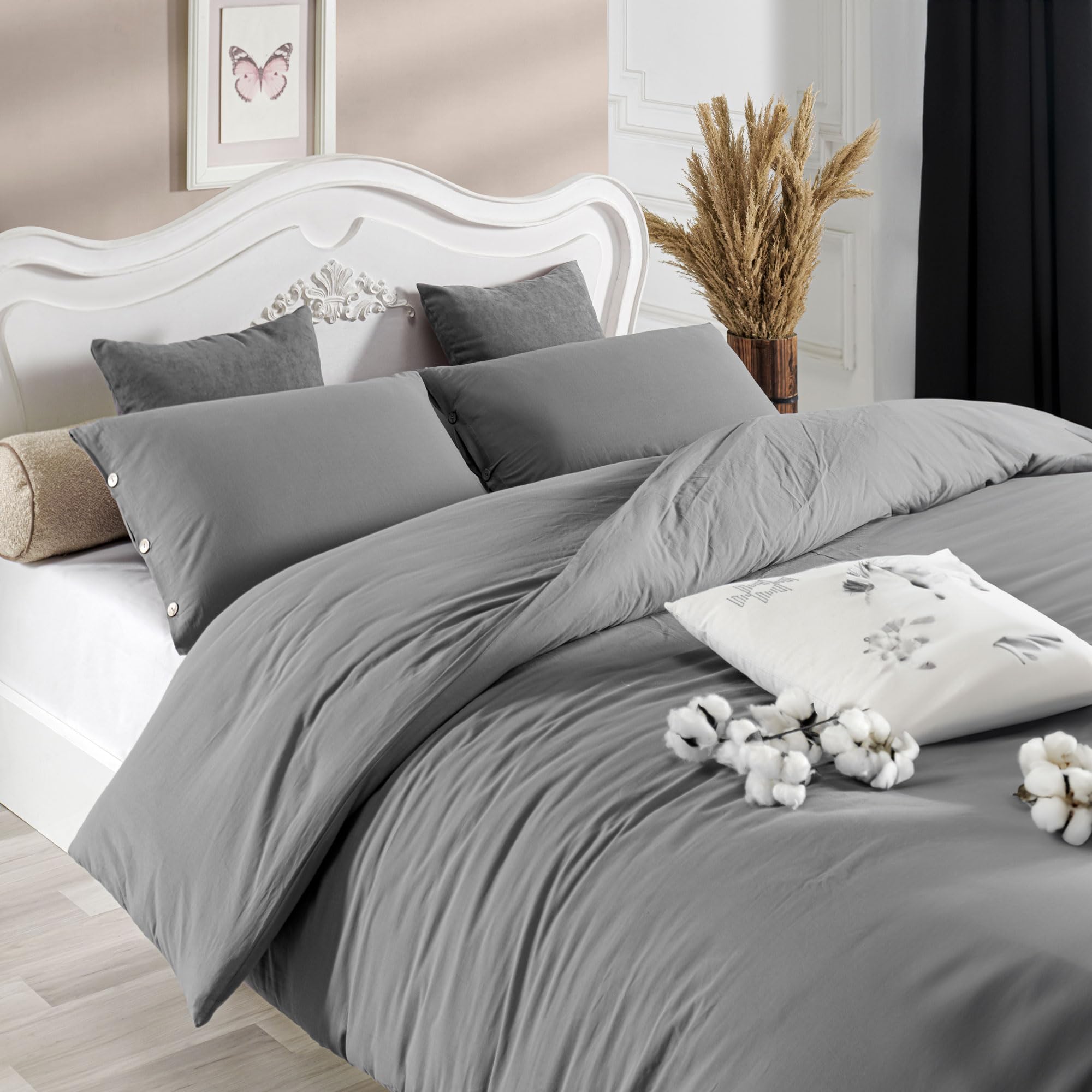 Lavien Home, 0 Washed Cotton Duvet Cover Set Grey Queen Size, Linen Like Luxury Soft Bedding with 2 Pillow Shams Buttons Closure (Queen, 90"x90")