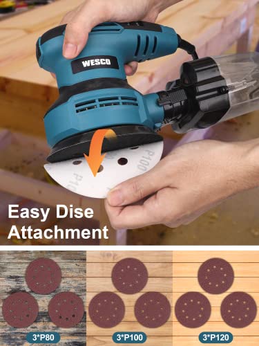 5" 3.0 Amp Corded Electric Random Orbital Sander, Cyclonic Dust Box, Soft Grip, Variable Speed 5000~12000 OPM, 12Pcs Sandpapers