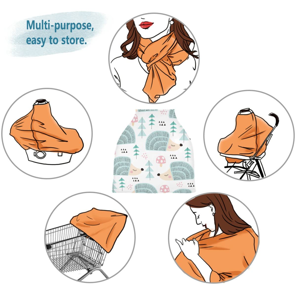 Nursing Cover Breastfeeding Soft Carseat Canopy Cute Hedgehog Multi Use for Baby Car Seat Covers Canopy Shopping Cart Cover Scarf Light Blanket Stroller Cover