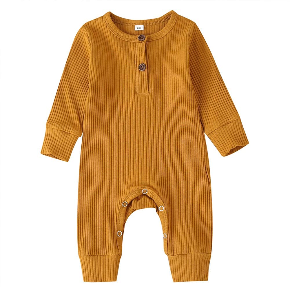Lelloing Newborn Baby Boy Long Sleeve Romper Infant Girls Solid Color Footed Onesie Ribbed Jumpsuit Unisex Basic Pajamas (0-3M,Romper-Brown)