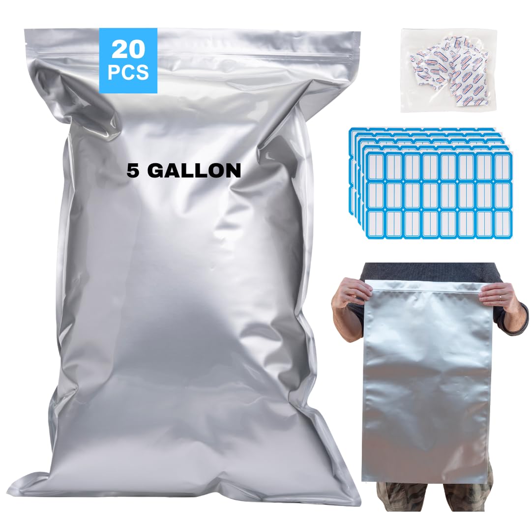 5 Gallon Mylar Bags For Food Storage with Ziplock -20pcs 14Mil Extra Thick For Long Term Storing, Dry Aging & Heat Vacuum Seal, 17x26" Large Resealable Myler Bag, 2000cc Oxygen Absorbers & Labels Pack