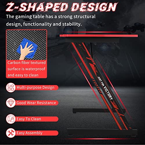 BLKMTY 47" Gaming Desk Z Shaped Gaming Desk Large Home Office Desks PC Computer Desk Workstation Study Desk Table Ergonomic Gamer Desk Wood Writing Desk with Headphone Hook for Game Player, Red