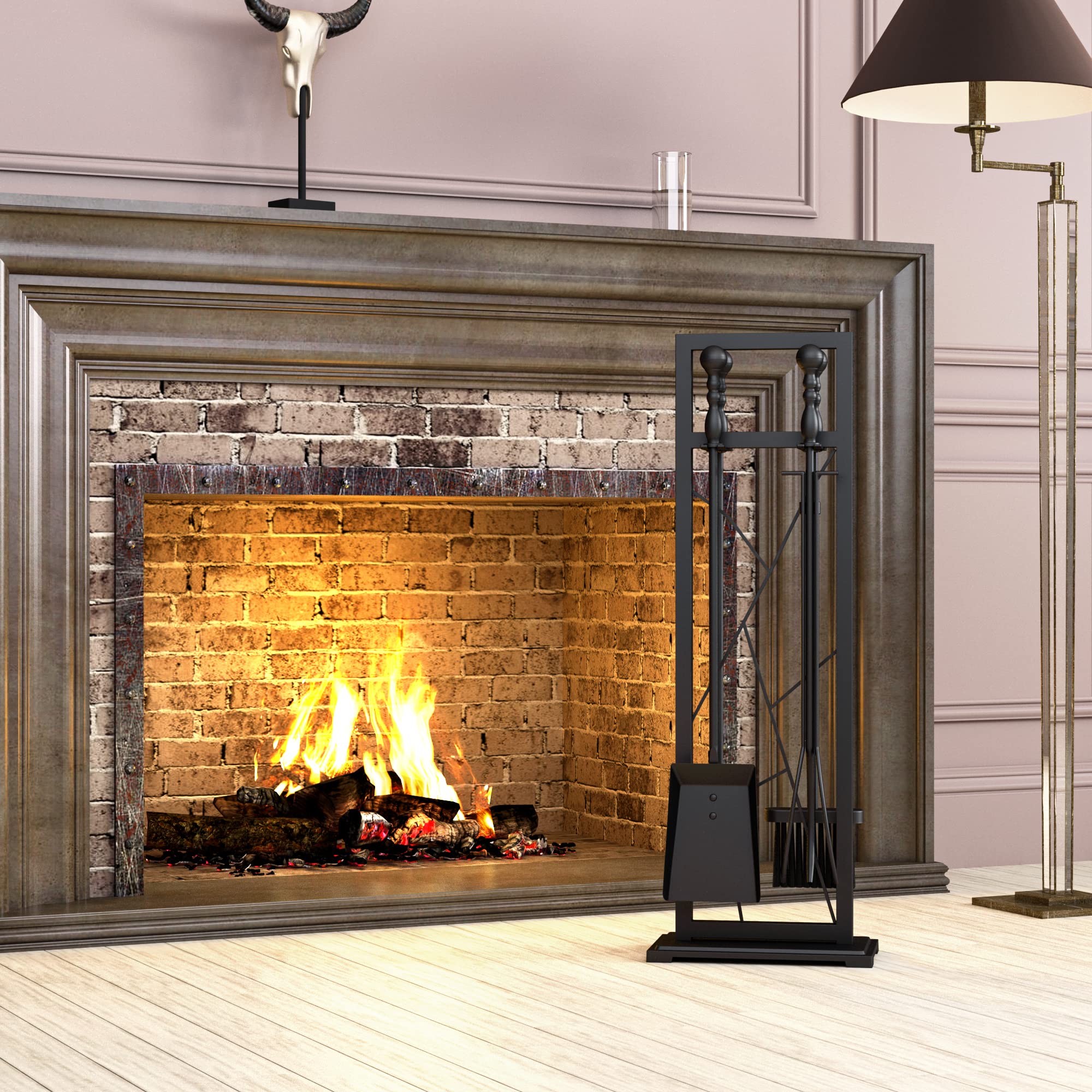 Fire Beauty Fireplace Tools, 5 Pieces Fireside Accessories Fire Kit Set, Stand Woodstove Tools Holder Wrought Iron Handle Indoor Fireset Stand (30.5 Inches)