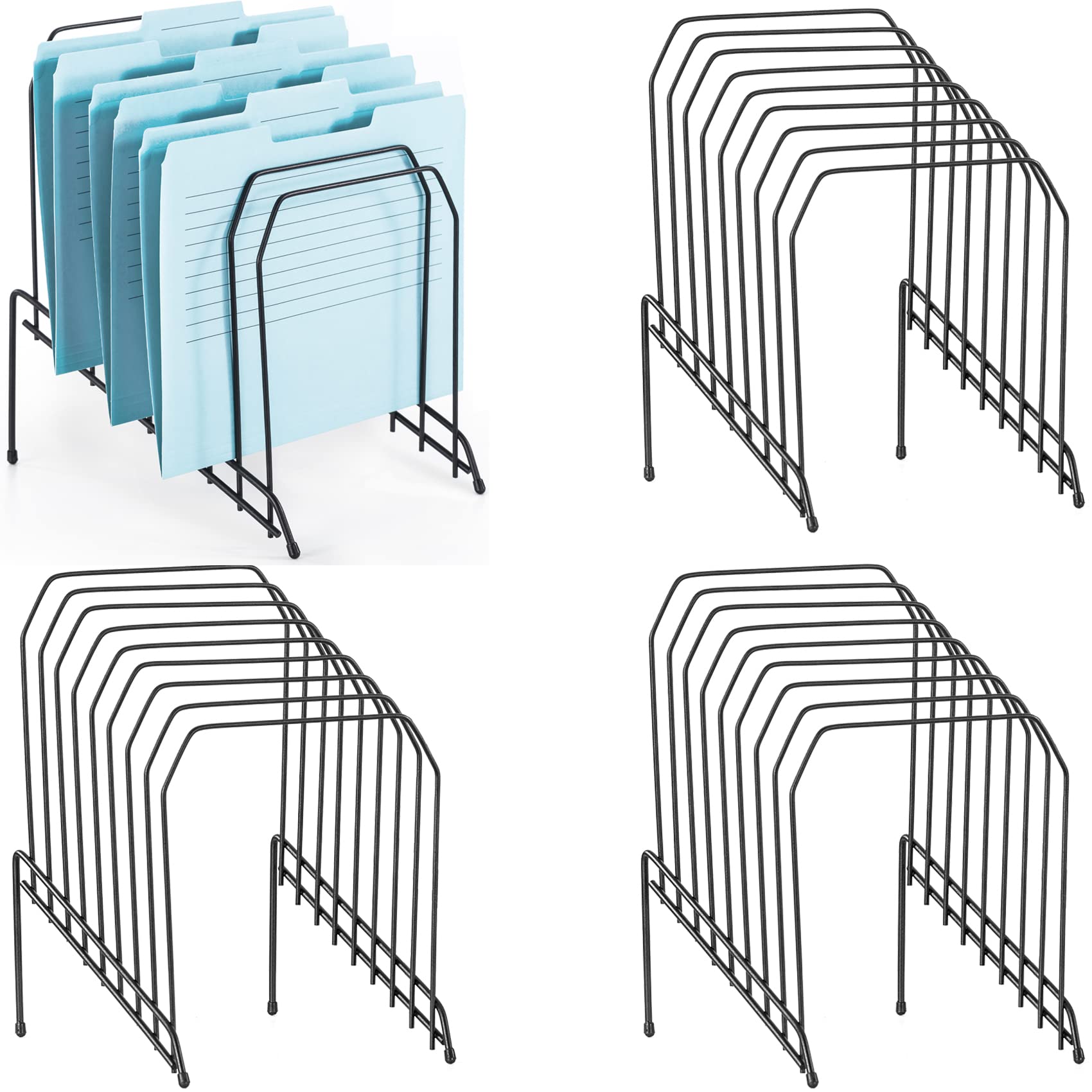 4 Pack Black Metal Vertical Standing Desktop Folder Organizer File Sorter, Office Organization Magazine Mail Letter Binder Divider Filing System Newspaper Record Holder Desk Accessories Display Rack