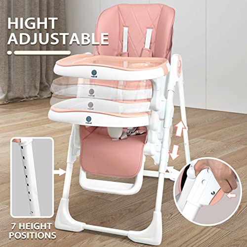 Babilous 4 in 1 Baby High Chair Foldable Booster Seats, Portable and Compact Adjustable High Babychair for Babies and Toddlers - Multiple Heights and Positions(Pink)