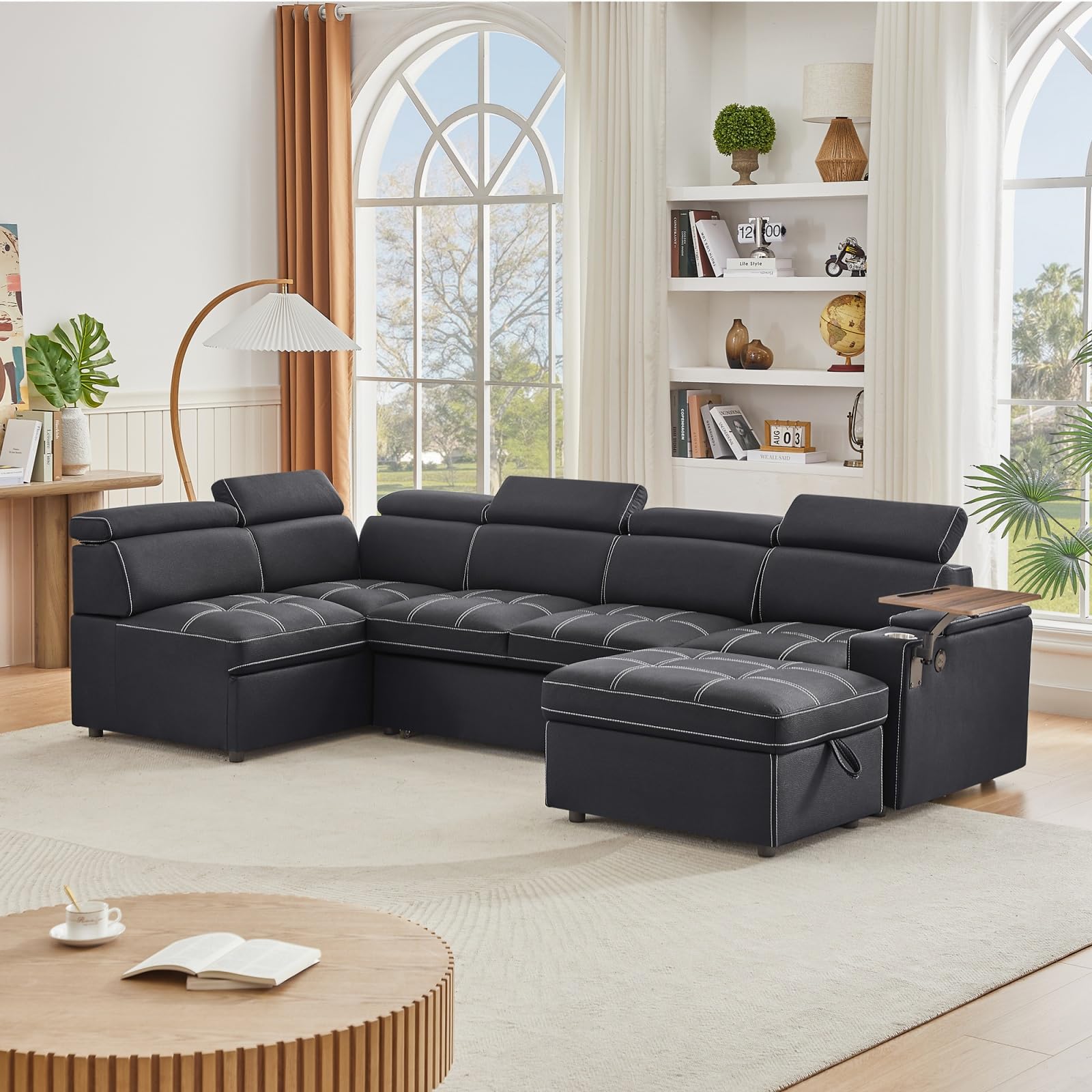 65'' Sleeper Sofa with Pull Out Bed, Convertible Sofa Couch for Living Room, Adjustable Backrest Sleeper Couch with 360 Degree rotatable Side Table for Living Room,RV