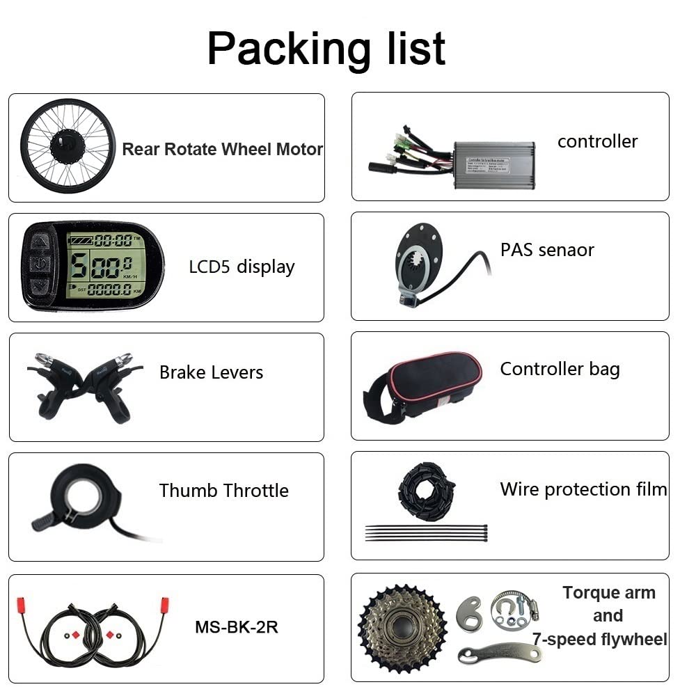 36V 500W Electric Bicycle Conversion Kit, Snow Bike/Fat Tire with LCD5 Display, 20 inch Motor Wheel, Suitable for 20x4.0 Tires, Rear Rotate Hub Motor,7-Speed flywheel and Controller Bag.