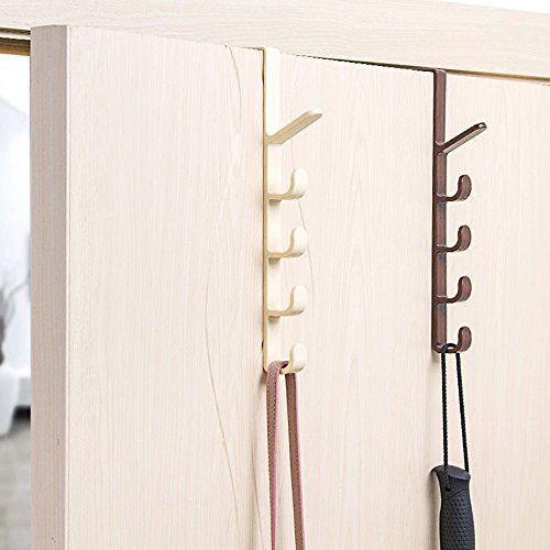 NUOMI Set of 2 Over The Door Hooks 5 Hangers Plastic Hanging Racks Organizer for Clothes, Coat, Bags, Umbrella, Hats, Brown and White