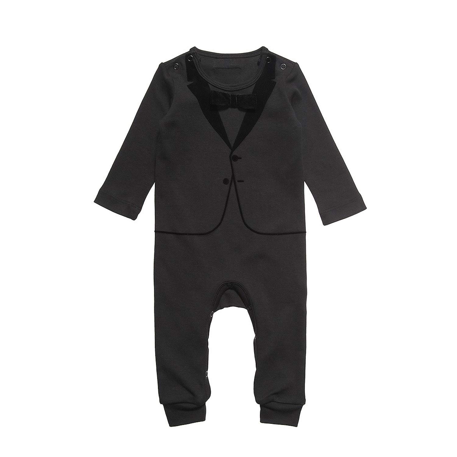 The Tiny Universe Tuxedo Onesie for Fancy Baby Boys, Body Suit with Satin Bow-Tie, Jumpsuit Gentleman Wedding Outfit (All Black, 80 / 12M)