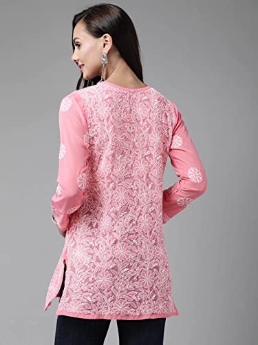 Ada Indian Hand Embroidered Chikankari Women's Pink Georgette Top Tunic Shirt Kurti A911225 (XX-Large)