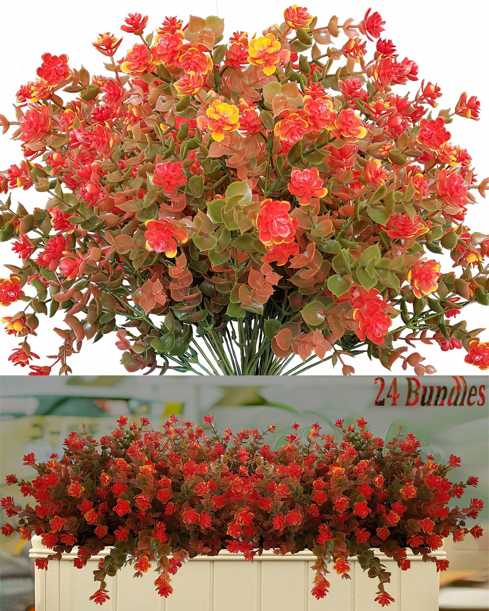 Artificial Flowers for Decoration Fake Plants Hanging Indoor, Plastic Flora for Home Outdoor Garden, 24 PCS Green Fall Gradient Color Reallooking High Art Viewing (YCA100+)