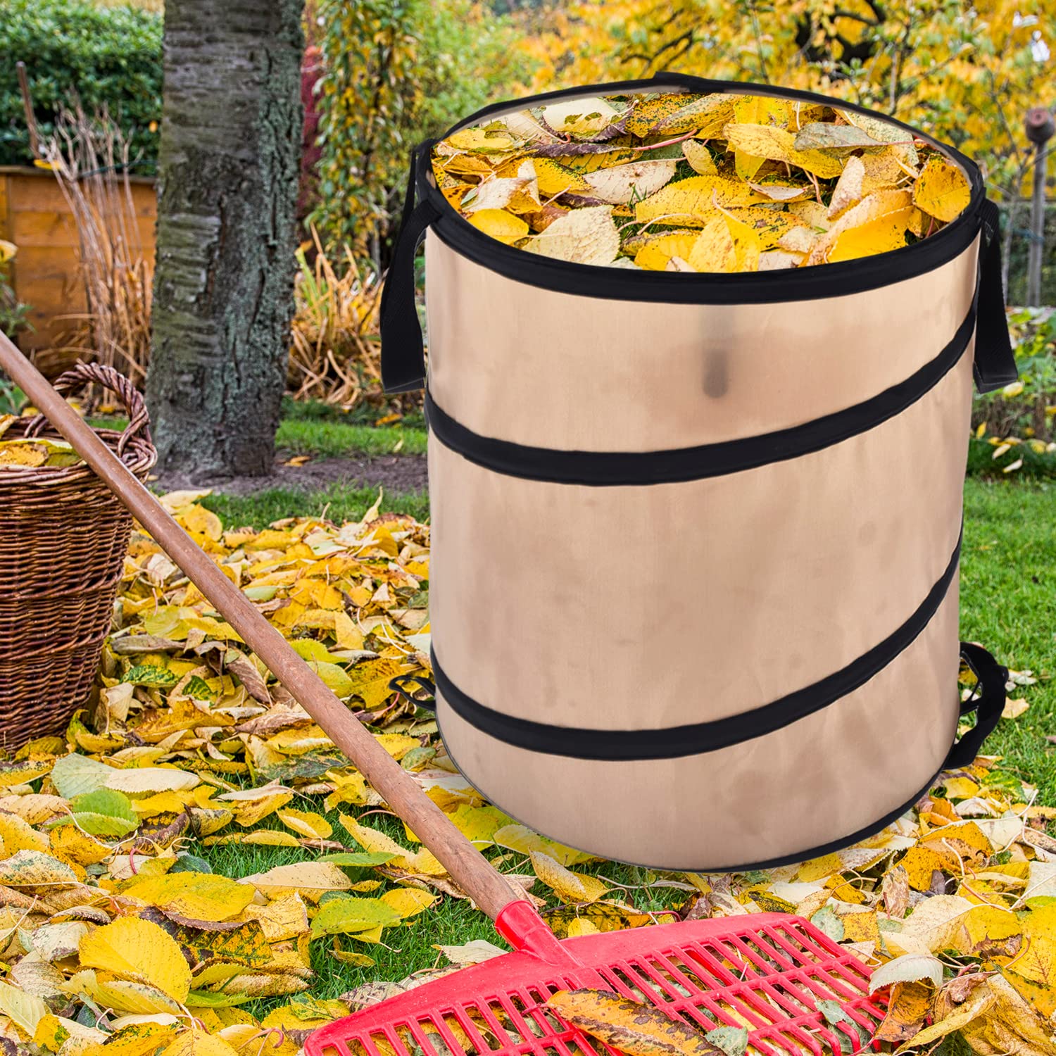 37.8L Collapsible Trash Can Oxford Cloth Camping Trash Can Large Capacity Reusable Yard Leaf Bag Holder for Home Garden Camping Lawn Pool