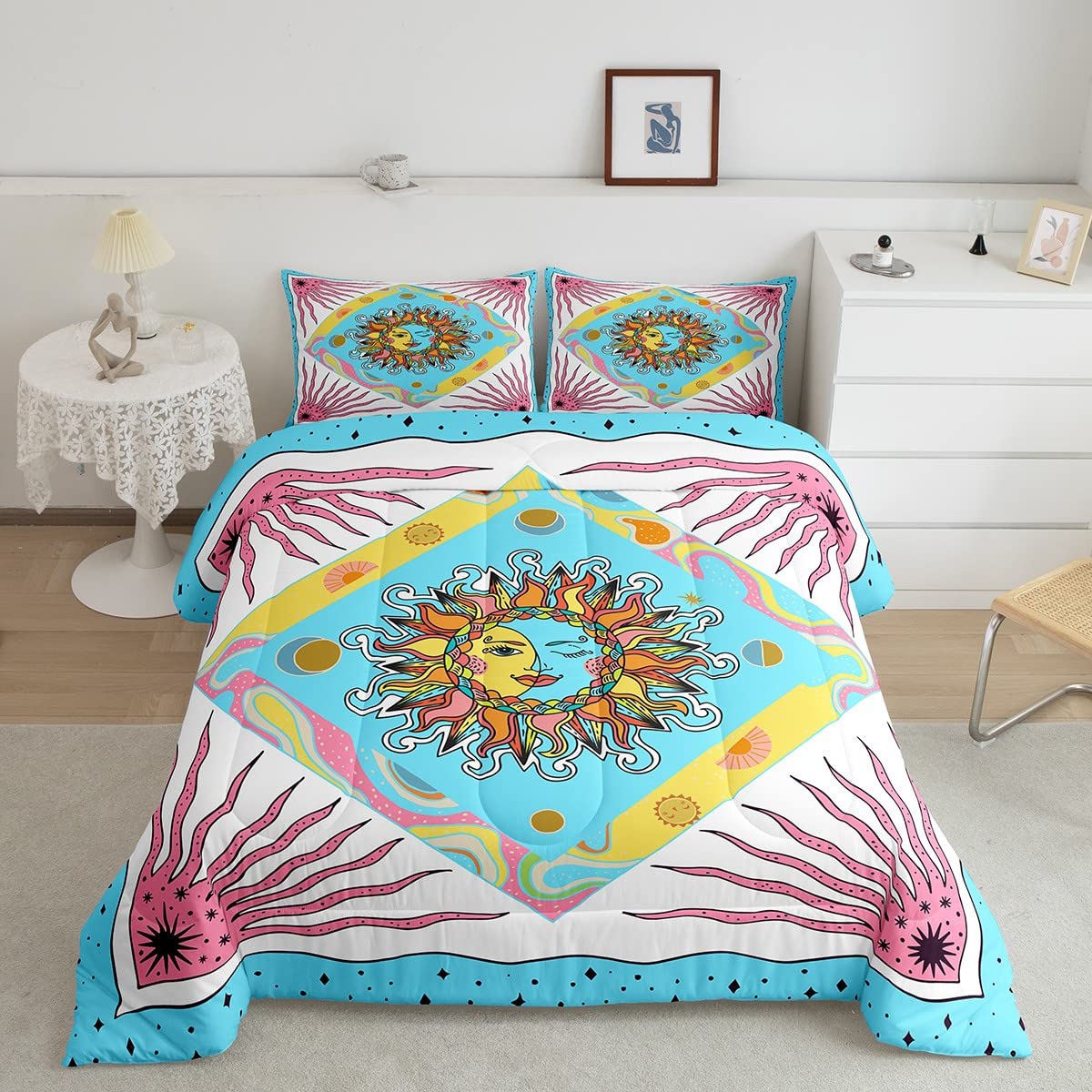 Manfei Sun Moon Comforter Set Full,Starry Sky Galaxy Trippy Bedding Set 3pcs for Kids Teens Adults Room Decor,Boho Exotic Geometric Creative Quilt Set,Colorful Blue Duvet Insert with 2 Pillowcases