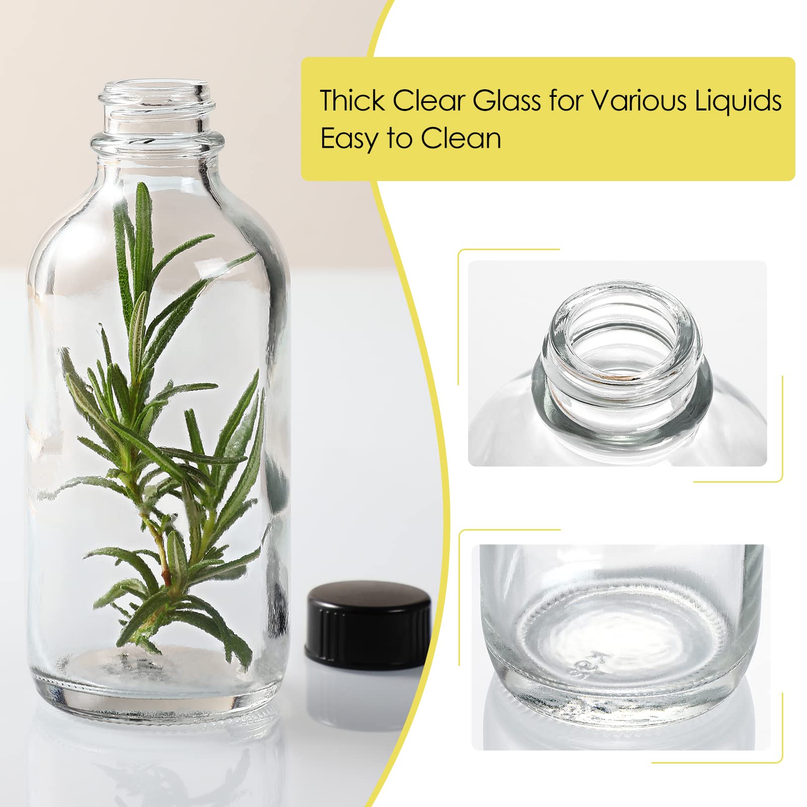 6 Pack, 4 oz Small Clear Glass Bottles with Lids & 2 Stainless Steel Funnels - 120ml Boston Sample Bottles for Potion, Juice, Wellness, Ginger Shots, Whiskey, Liquids - Mini Travel Essential Bottles