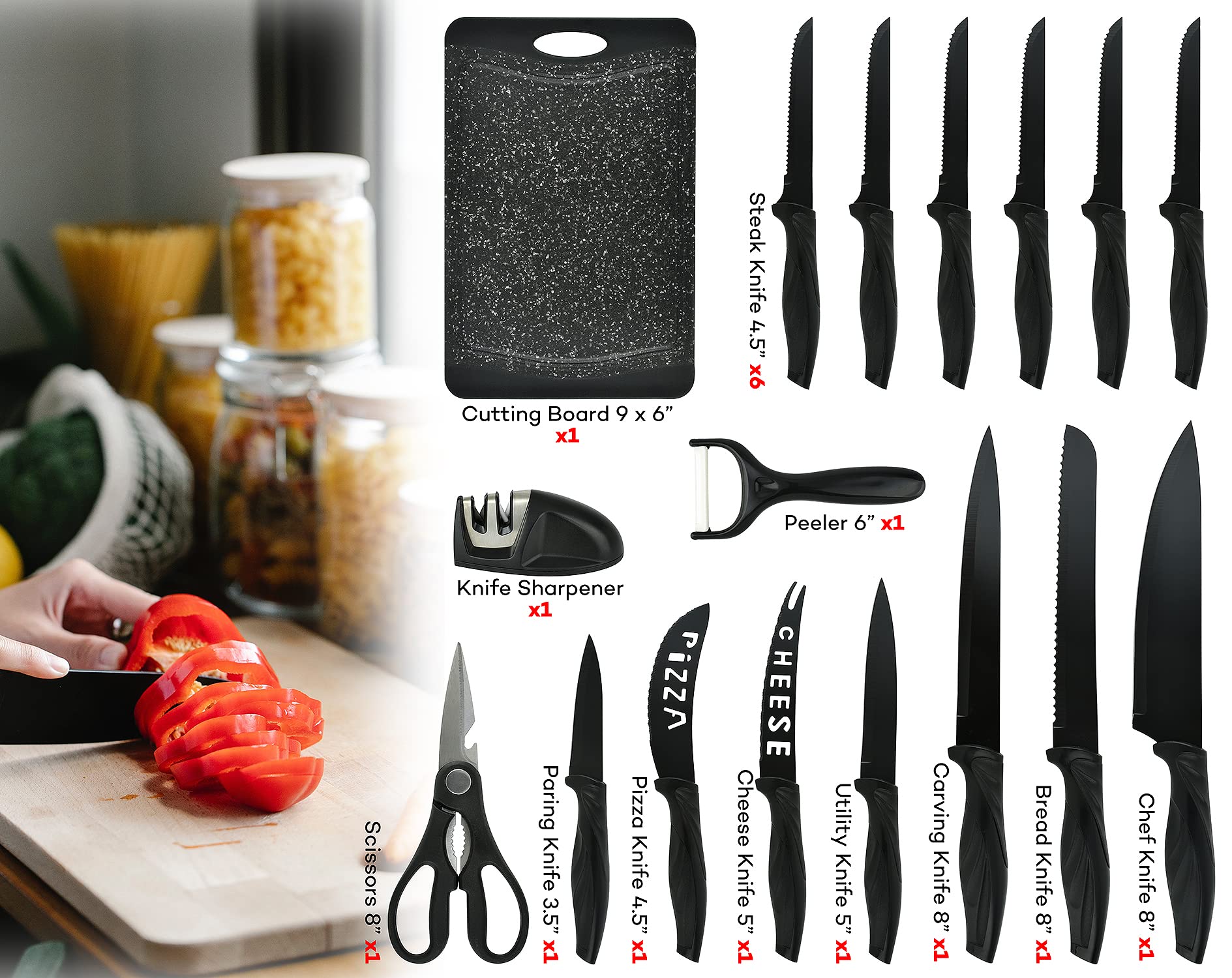 30 Pieces Knife Set and kitchen utensil set, silicone cooking utensils set for kitchen essentials with Knife Sharpener, 11 Pcs black knife set, Cutting Board essential knife and cutting board set