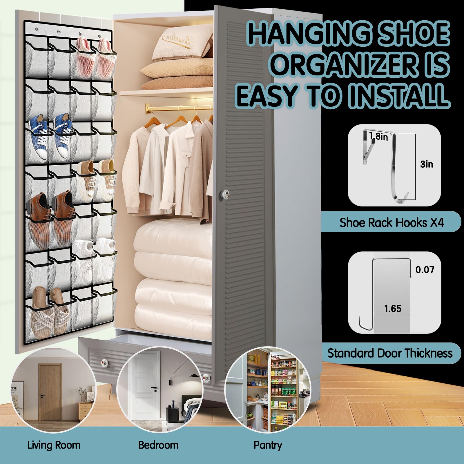 28 Compartment Breathable Mesh Pocket Over the Door Hanging Shoe Organizer, Closet Shoe Organizer, Large Men's and Women's Shoe Organizer, Hanging Over the Door Shoe Organizer (White)