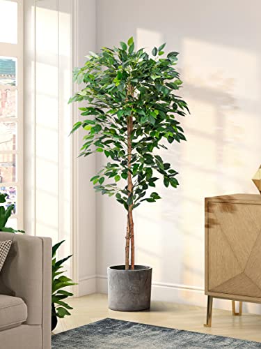 Aphighjoy Faux Plants Artificial Ficus Trees Eucalyptus Trees with Silk Leaves Fake Moss and Sturdy Nursery Pot, Fake Plants for Office Home Decor (5Ft - 1Pack, Upgraded Ficus Tree)