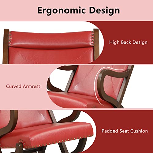 Giantex Rocking Chair with Cushion, Modern PU Leather Rocker, Rubber Wood Frame, Ergonomic Backrest Armrest, Single Rocking Chair for Nursery Living Room Bedroom Lounge Office, Red
