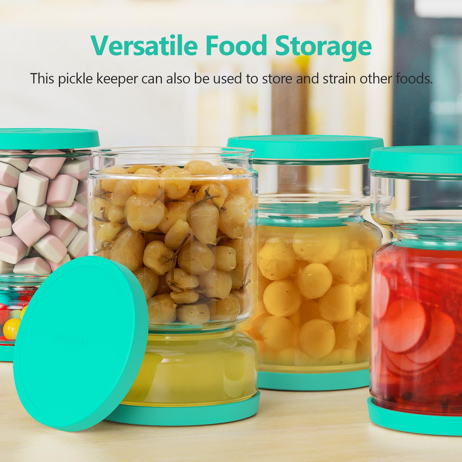 ForTidy Glass Pickle Jar with Strainer Flip - Airtight Olive Container with Silicone Lids, 50.72oz Kitchen Organization Must-Have Versatile Hourglass Jar, BPA-Free, Dishwasher Safe (Green)