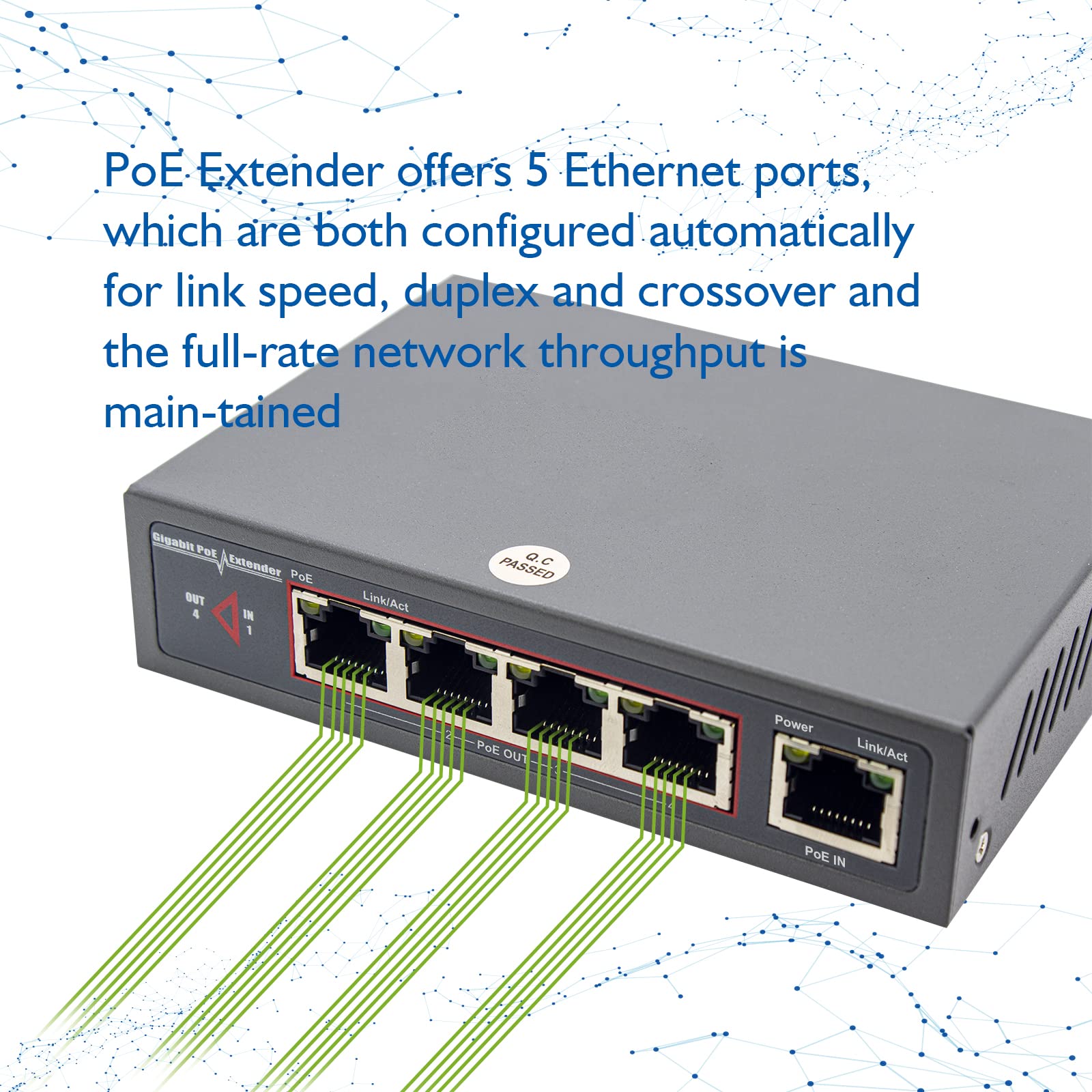 5 Port Gigabit PoE Extender, 60W Ethernet PoE Passthrough Switch, 10/100/1000 Mbps, IEEE802.3af/at,PoE++ Extender No Power Required