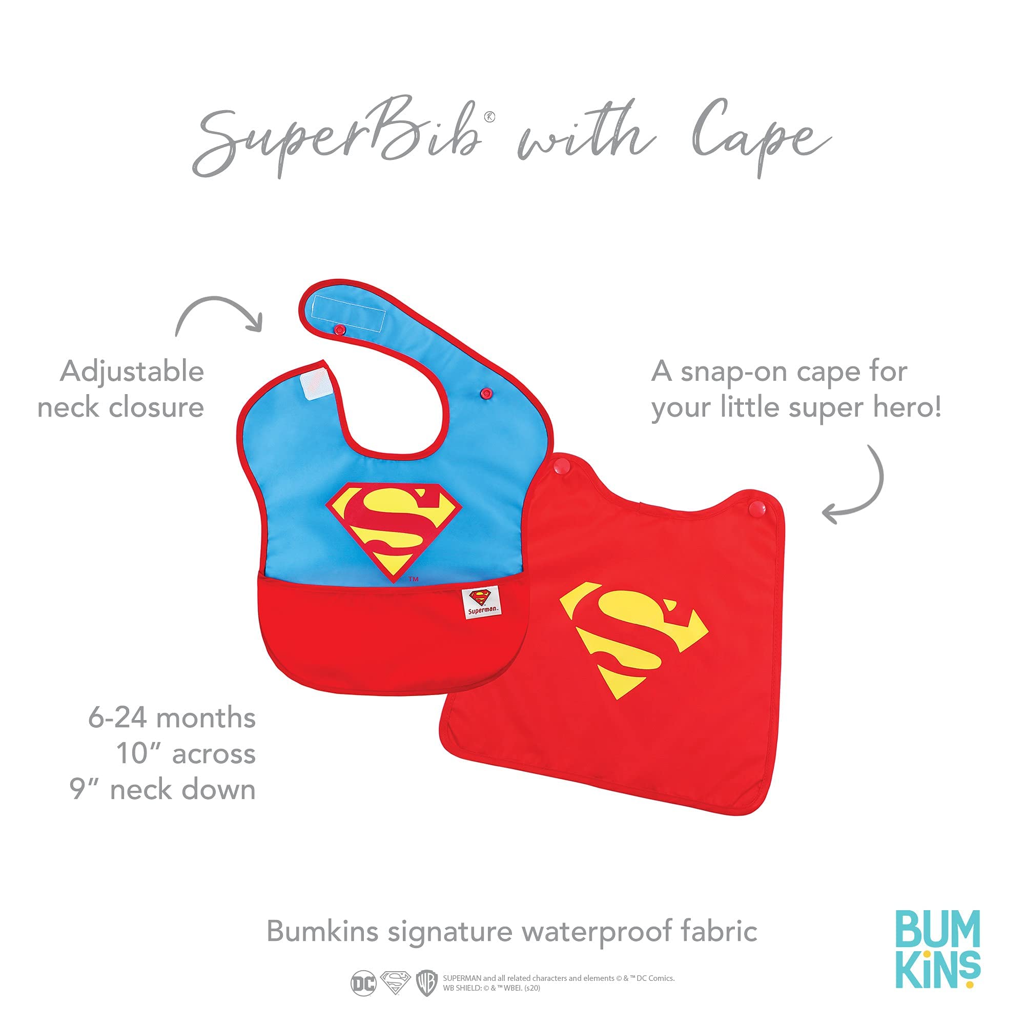 Bumkins Bib for Girl or Boy, Baby and Toddler for 6-24 Months, Essential Must Have for Eating, Feeding, Baby Led Weaning, Mess Saving Waterproof Soft Fabric, SuperBib with Cape, Superman DC Comics
