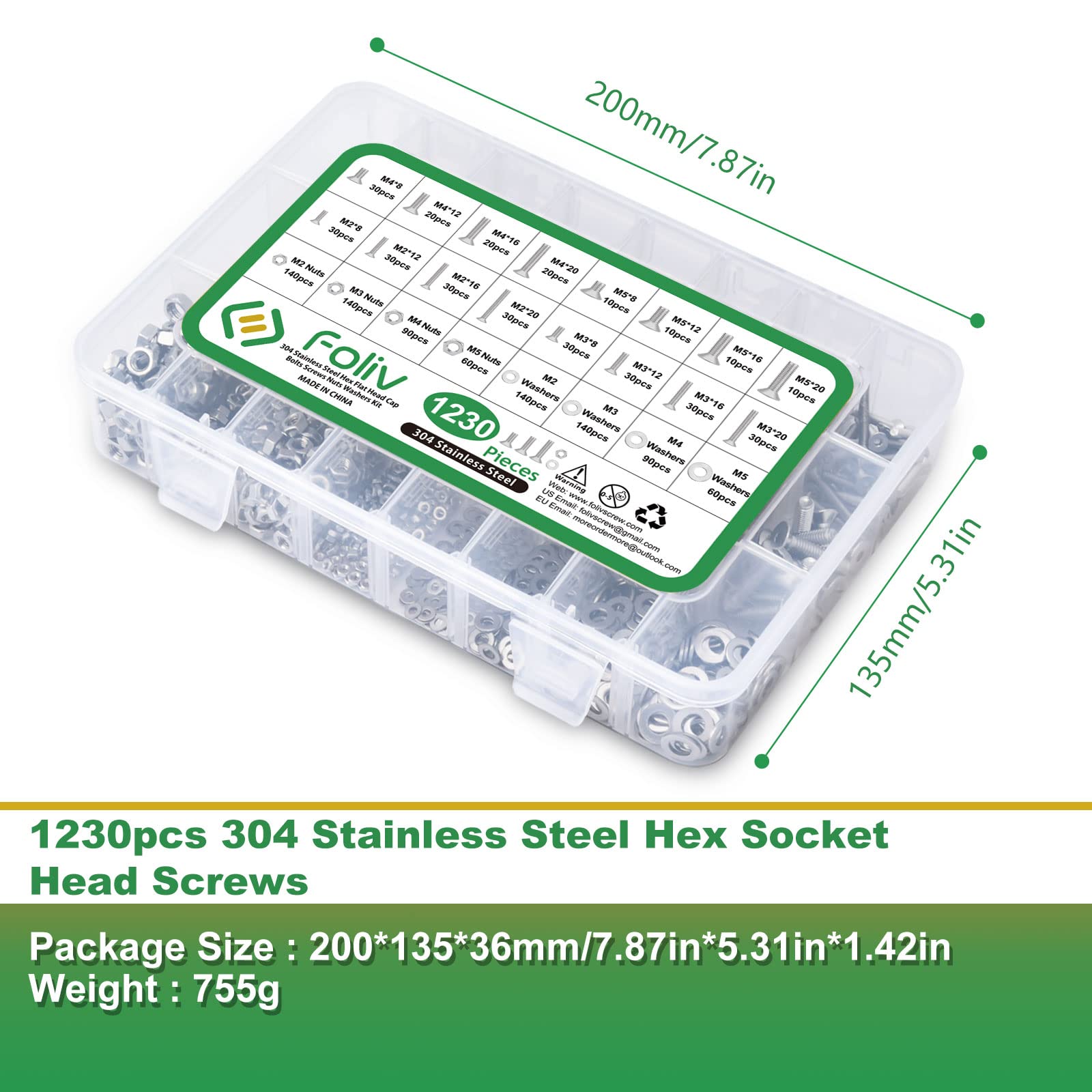 FOLIV Flat Head Socket Cap Screws, 1230PCS M2 M3 M4 M5 Bolts Nuts Washers Assortment Kit, Allen Socket Drive, 304 Stainless Steel