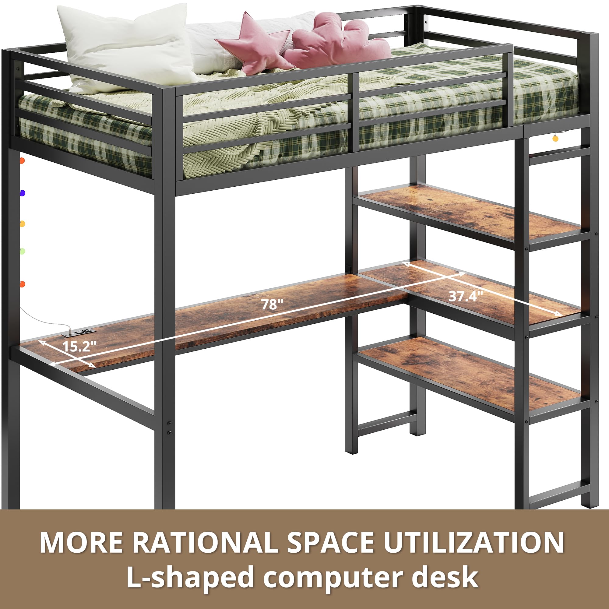 ANCTOR Loft Bed Twin Size with L Shaped Desk and Shelves, Heavy Duty Metal Loft Bed Frame with Power Outlet and LED Lighted, Space-Saving, Noise Free, Brown