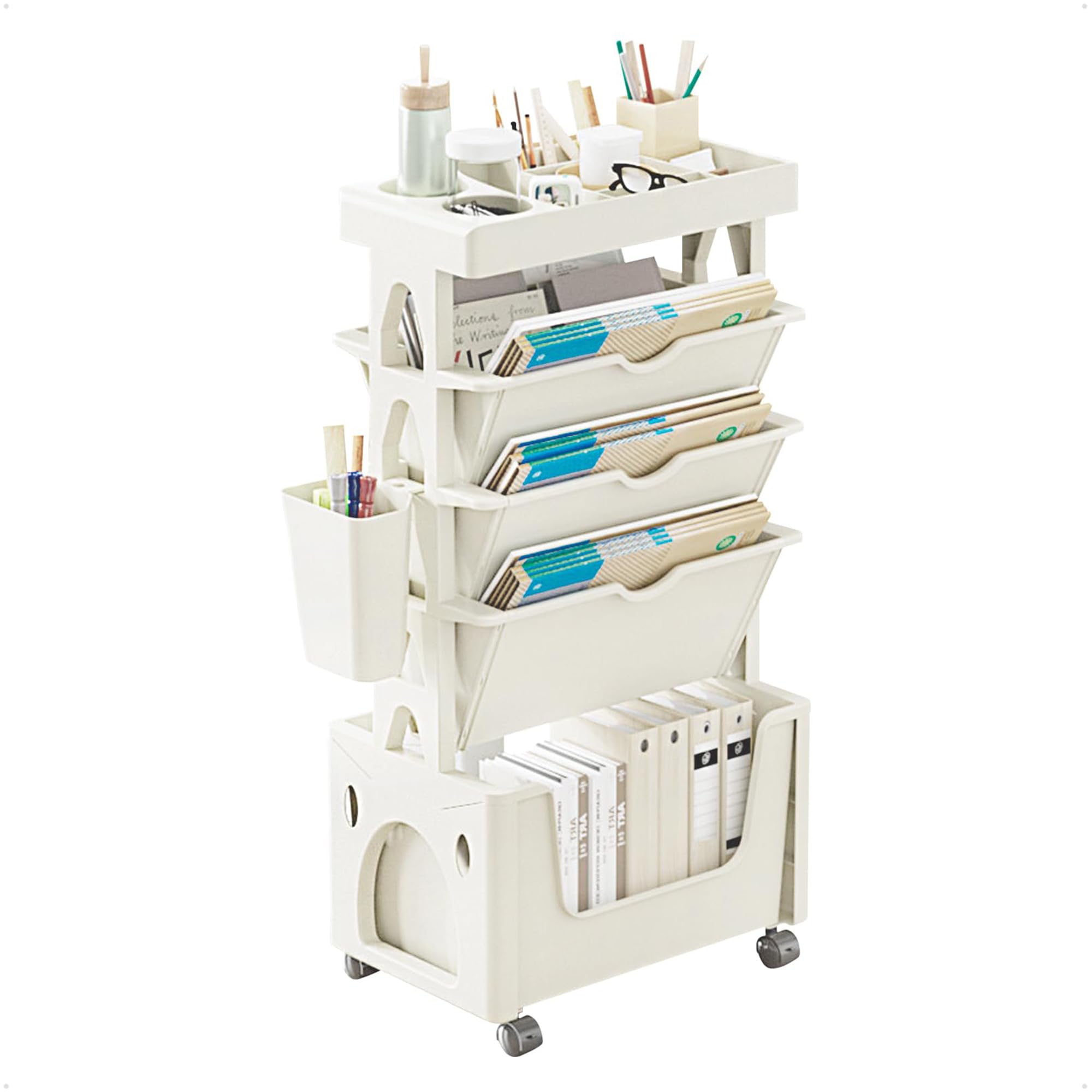 5 Tier Book Rack Storage Bookshelf, Removable Movable Unique Bookcase, Mobile Bookshelf with Wheels Utility Organizer Bookshelves for Kids Children Students Study in Bedroom Living Room School (White)