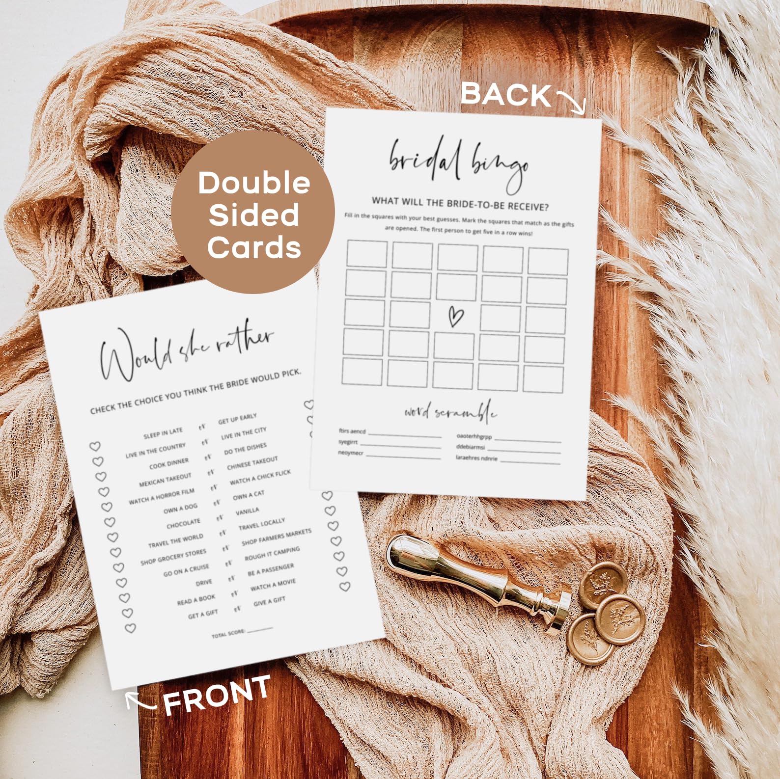 GardenCity Bridal Shower Games For 50 Guests, 4 Games + Advice and Wishes - Double Sided Cards - Minimalist