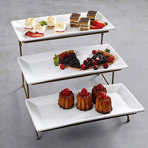 Gibson 3 Tiered Platter Stand with Rectangle Plates, Appetizer Serving Tray, Dessert Display for Tea Party, Brunch Decor, Home Entertaining, Perfect for Cake Pops, Fruit, Cupcakes, Cookies, White/Gold