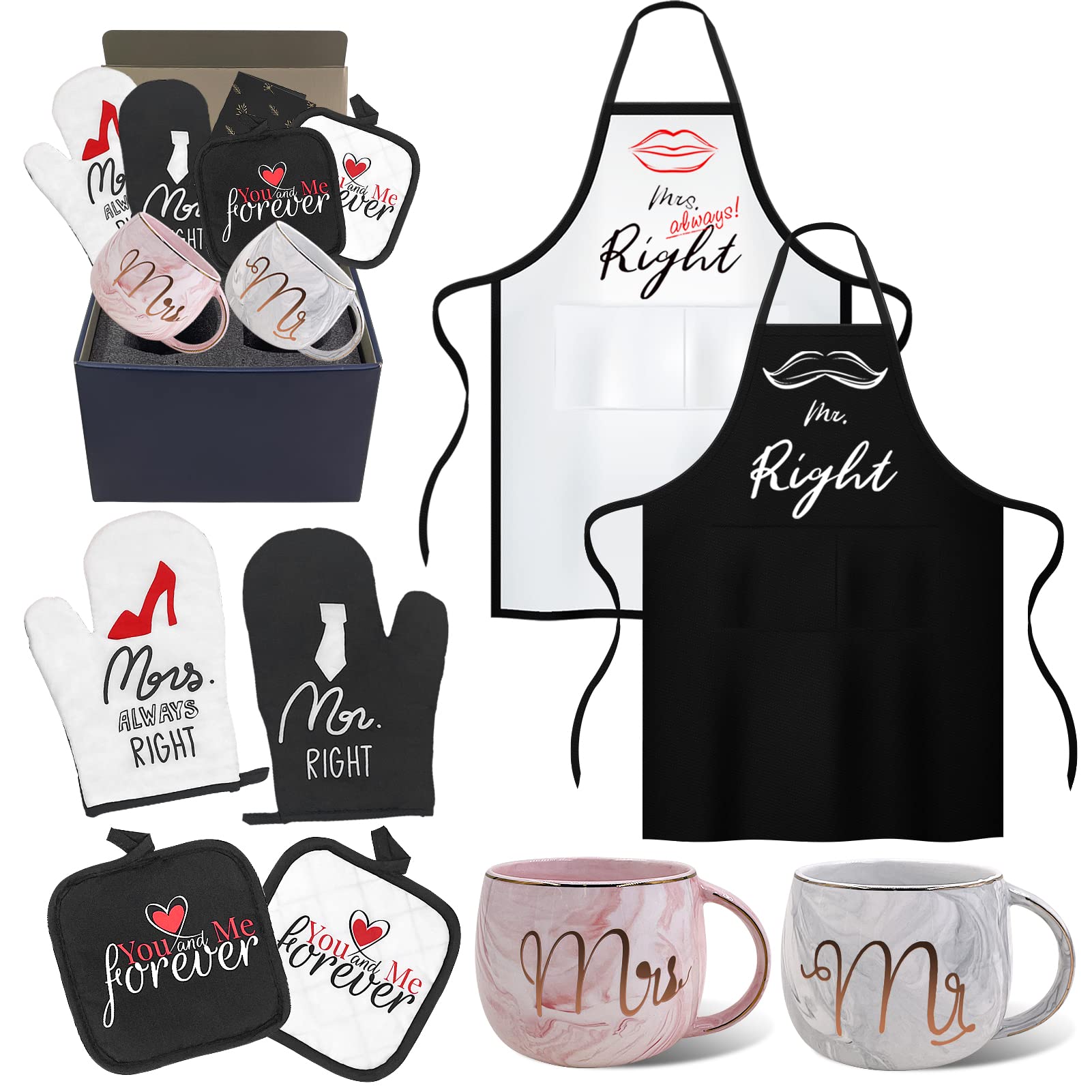 rnairni Mr and Mrs Aprons, Perfect Christmas Gifts for Couples Who Have Everything,Nice Engagement Gift,Wedding Gifts and Bridal Shower Gifts,Mr and Mrs Gifts Include Aprons,Gloves,Mats,Mug,A Card