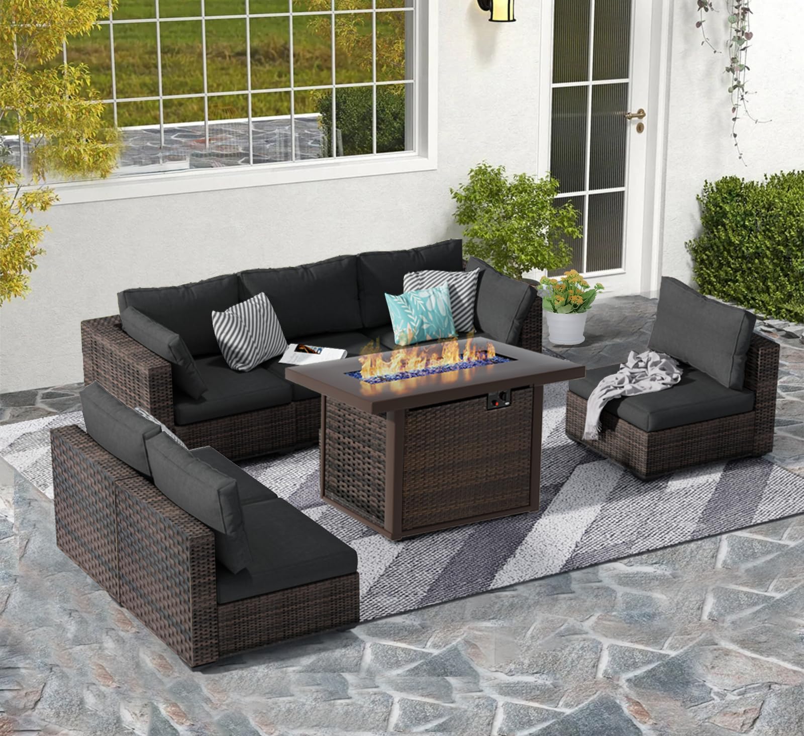 7 Piece Patio Furniture Set with Fire Pit Table, Rattan Outdoor Sectional Patio Conversation Sets with Seat Cushions for Backyard Deck Balcony Lawn and Garden, Black