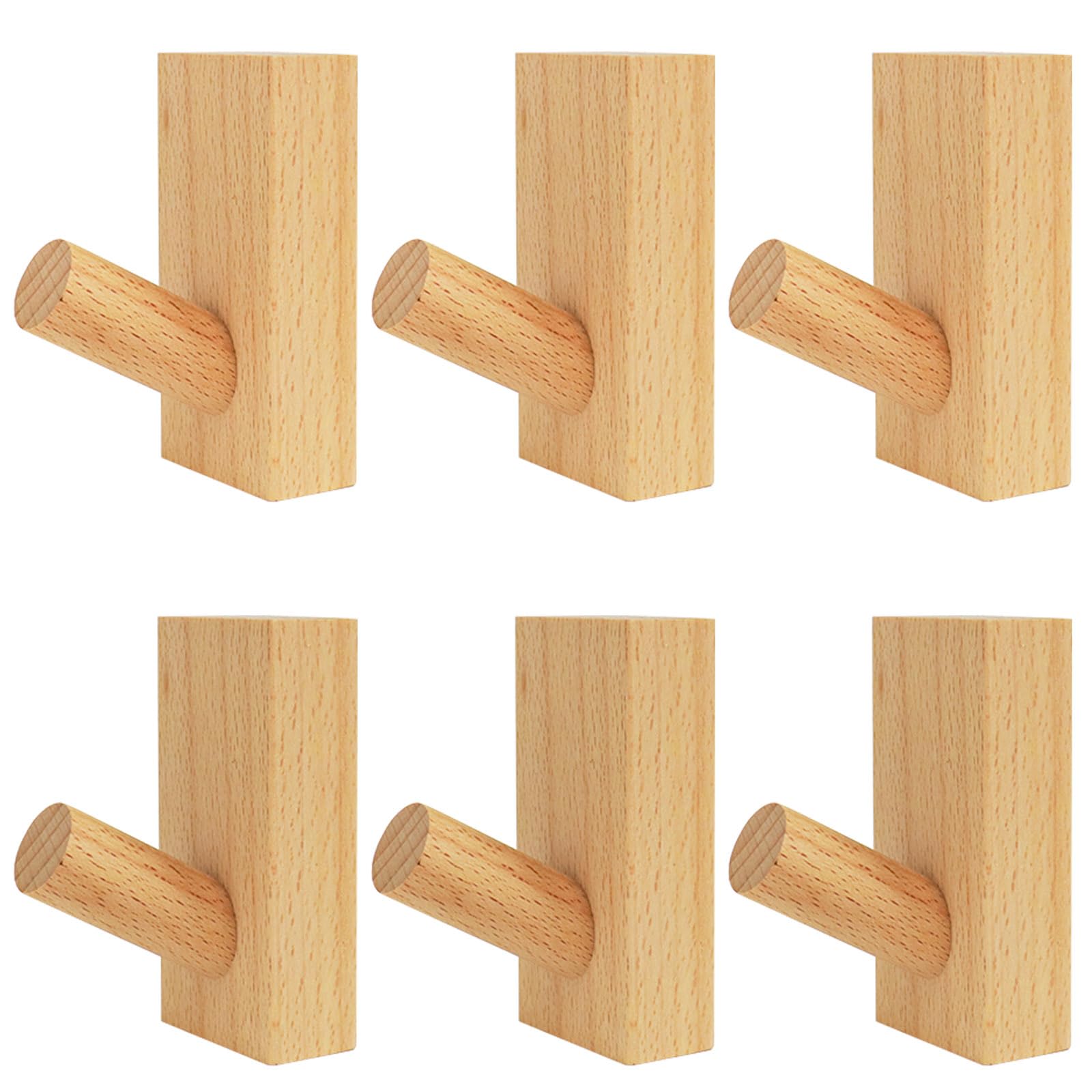 DINGEE Wall Hooks for Hanging Heavy Duty 6 Pack Wood Coat Hooks Wall Mounted, Adhesive Wall Hooks for Hat, Towel, Purse, Cloth, Plants, Bag,Natural Wooden Utility Hooks for Hanging