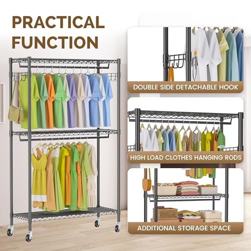 FSUON Heavy Duty Rolling Garment Rack, 1" Diameter Rods, 3 Tiers Adjustable Wire Shelving Clothes Rack with Double Rods and Side Hooks, Freestanding Wardrobe for Hanging Clothes, Black