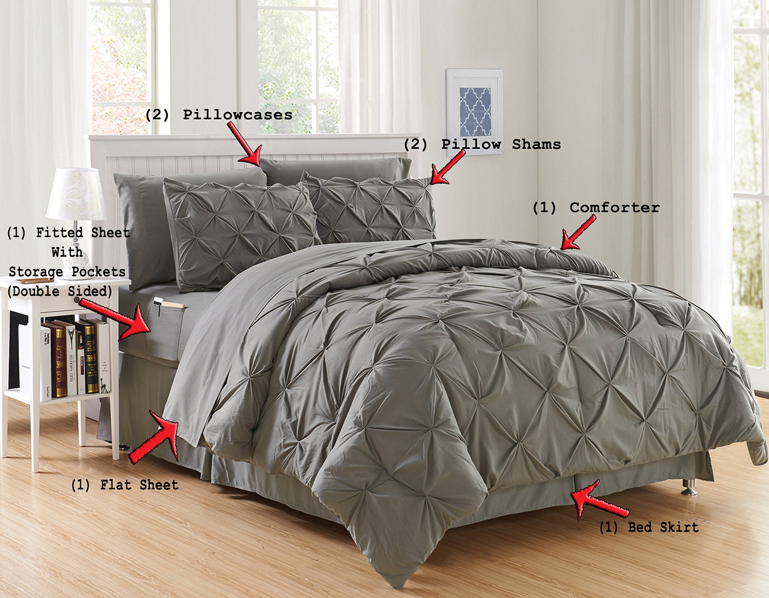 Elegant Comfort Luxury Best, Softest, Coziest 8-Piece Bed-in-a-Bag Comforter Set on Amazon Silky Soft Complete Set Includes Bed Sheet Set with Double Sided Storage Pockets, Full/Queen, Gray