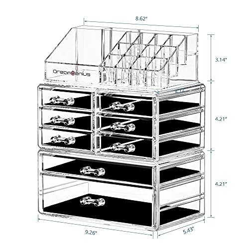 DreamGenius Makeup Organizer 3 Pieces Acrylic Cosmetic Storage Drawers Organizer for Vanity and Bathroom, Stackable Cosmetic Organizer Countertop with 8 Drawers