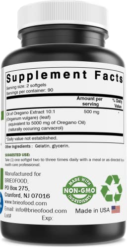 Brieofood Oregano Oil 5000mg/Serving - Contains Naturally Occuring Carvacrol - Healthy Immune Function - 180 Softgels