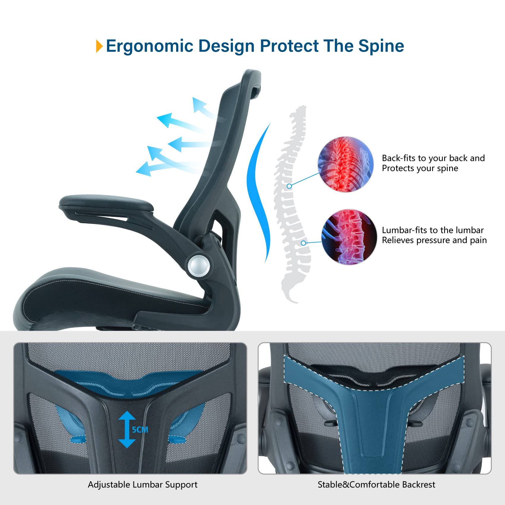 Chairoyal Office Chair -PU Cushion Ergonomic Mesh Back Home Office Desk Chairs with Adjustable Lumbar Support & Seat Height, Swivel Executive Computer Task Chairs with Flip-Up Arms for Office/Study