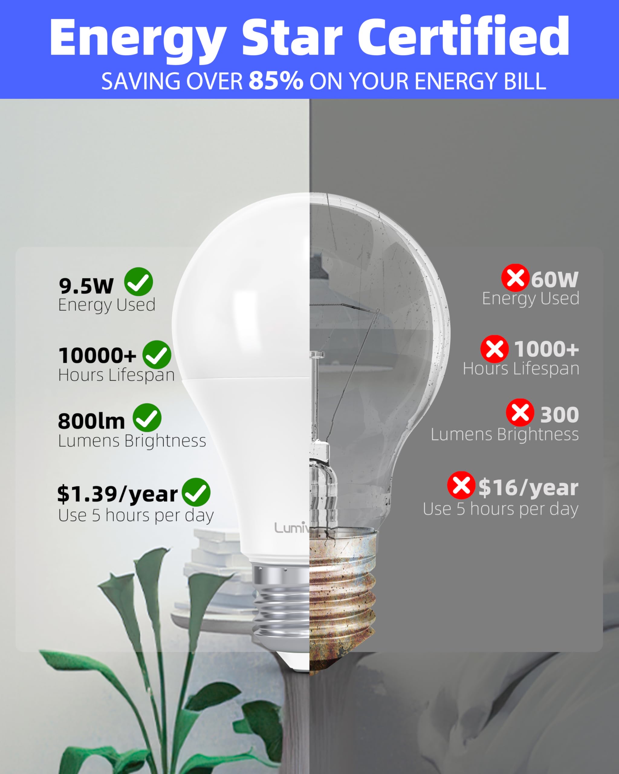 Lumiverse A19 LED Light Bulbs Dimmable, 5000k Daylight White 9.5 Watt [60w Equivalent], E26 LED Bulb Energy Efficient, UL Listed (5000k, Pack of 12)