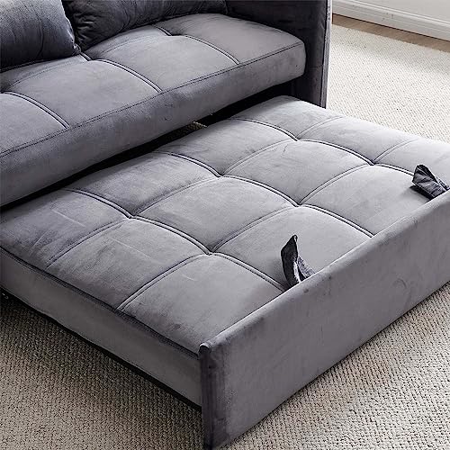 Antetek 3-in-1 Sleeper Sofa Bed w/USB Port, Modern Convertible Tufted Velvet Upholstered Pull Out Futon Couch, 55.5" W Small Loveseat Sofa for Office Living Room Small Space, Grey