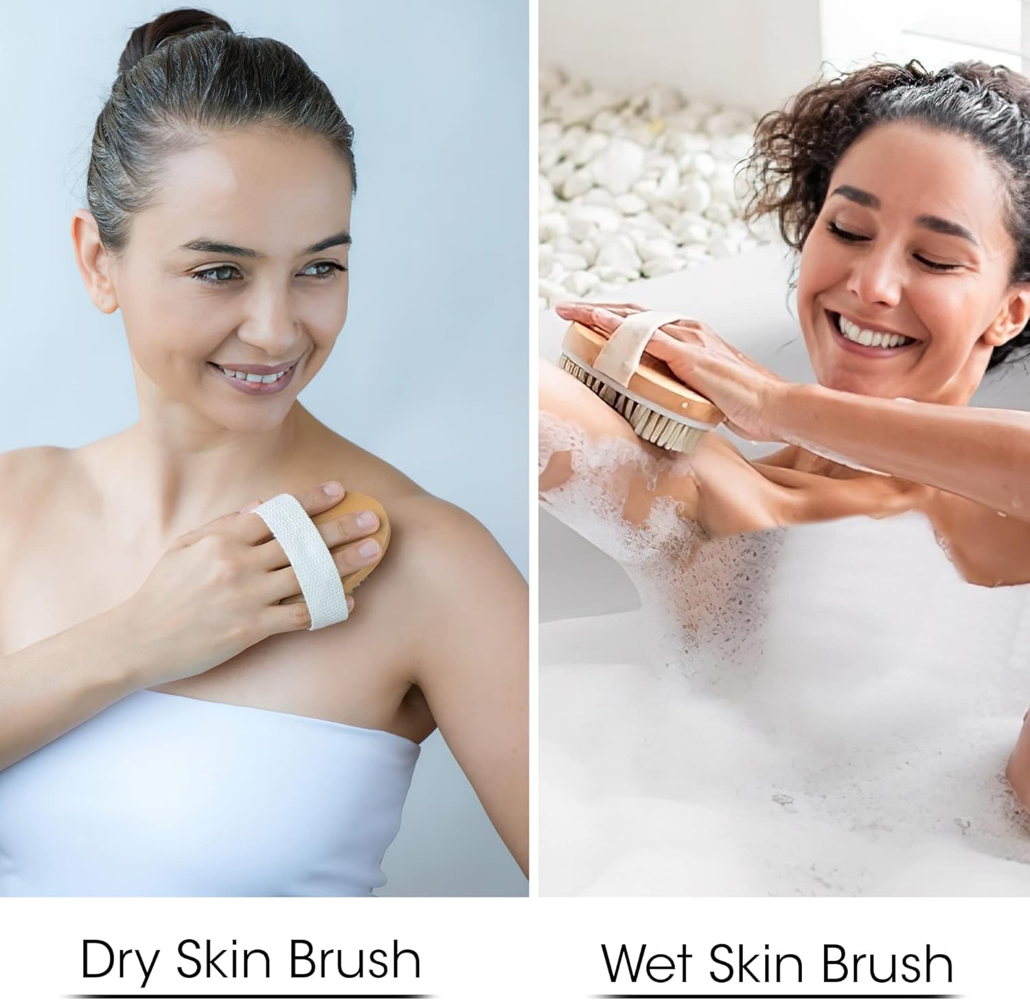 Opaz Dry Body Brush 2 Pack Natural Bristle for Dry Skin - Exfoliator Scrubber - Wet or Dry Scrub Smooth Cellulite - Stimulate Blood Flow