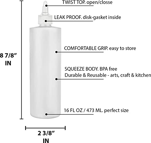BRIGHTFROM Condiment Squeeze Bottles, 16 OZ Empty Squirt Bottle with Twist Top Cap, Leak Proof - Great for Ketchup, Mustard, Syrup, Sauces, Dressing, Oil, Arts and Crafts, BPA FREE Plastic - 4 PACK