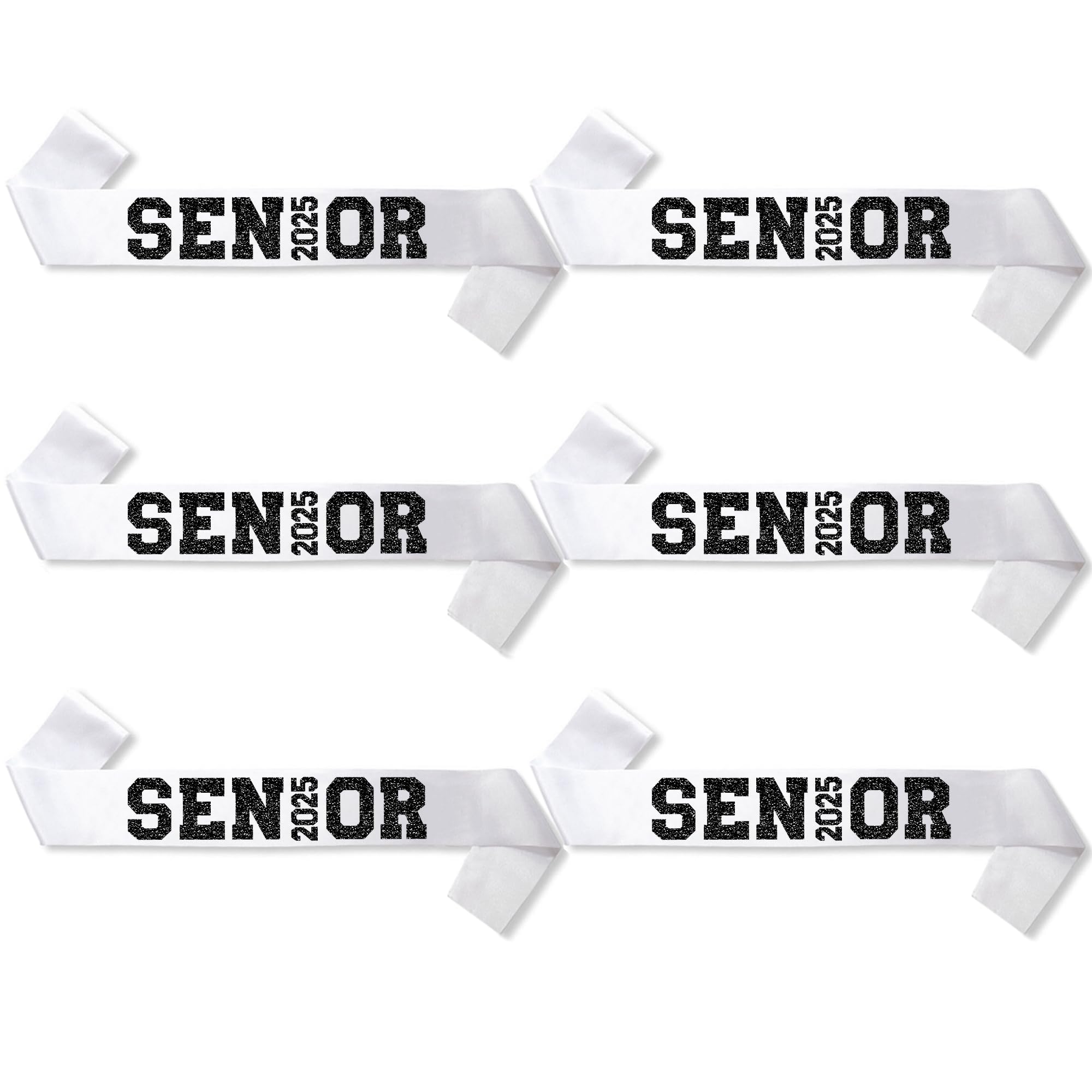 6Pcs White Senior 2025 Satin Sashes with Black Glitter Letters- 2025 Graduation Celebrations Sashes - Senior Cheer Sash - Cheerleader Sash - Class Competition Sashes
