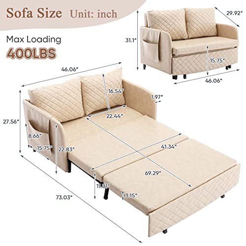 Antetek Sleeper Sofa Bed, 46-inch Faux Leather Loveseat Sleeper Sofa Couch with Pull-Out Bed, Small Love seat Sofa Single Bed with a Detachable Side Pocket for Living Room, Office, Camel