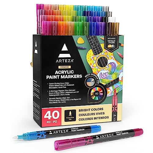 Arteza Acrylic Paint Markers, Set of 40 Acrylic Paint Pens in Assorted Colors, Small Barrel, Art & Craft Supplies, Use on Canvases for Painting, Glass, Pottery, Plastic, and Rock