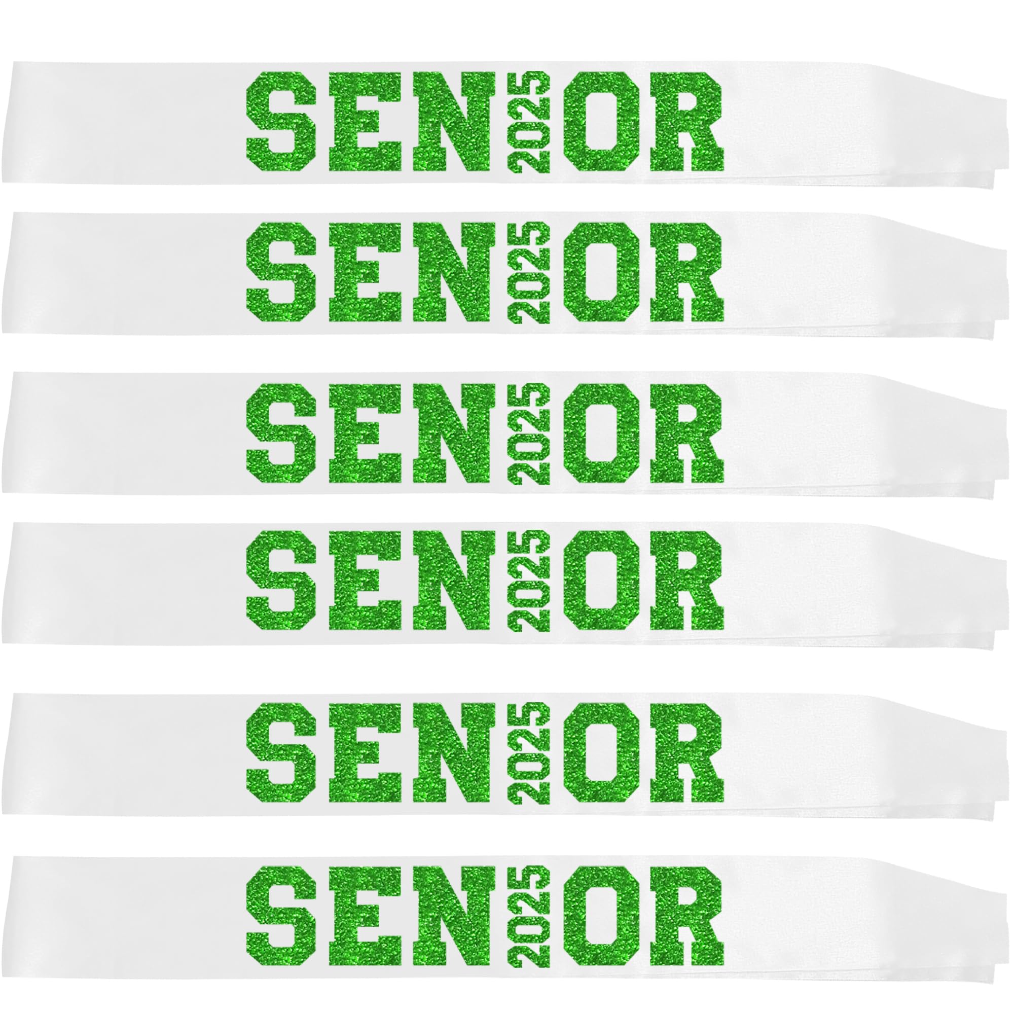 6Pcs White Senior 2025 Satin Sashes with Green Glitter Letters- 2025 Graduation Celebrations Sashes - Senior Cheer Sash - Cheerleader Sash - Class Competition Sashes