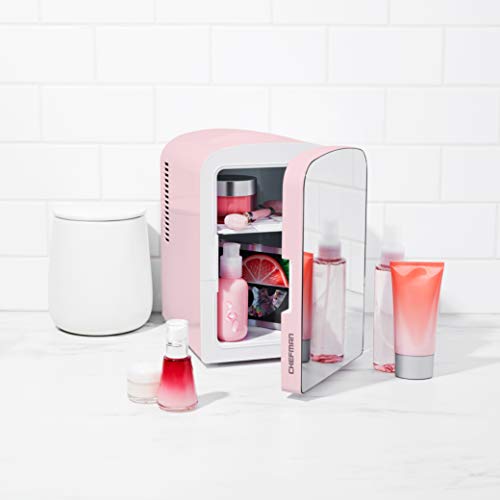 Chefman Portable Mirrored Personal Fridge 4 Liter Mini Refrigerator, Skin Care, Makeup Storage, Beauty, Serums And Face Masks, Small For Desktop Or Travel, Cool & Heat, Cosmetic Application, Pink