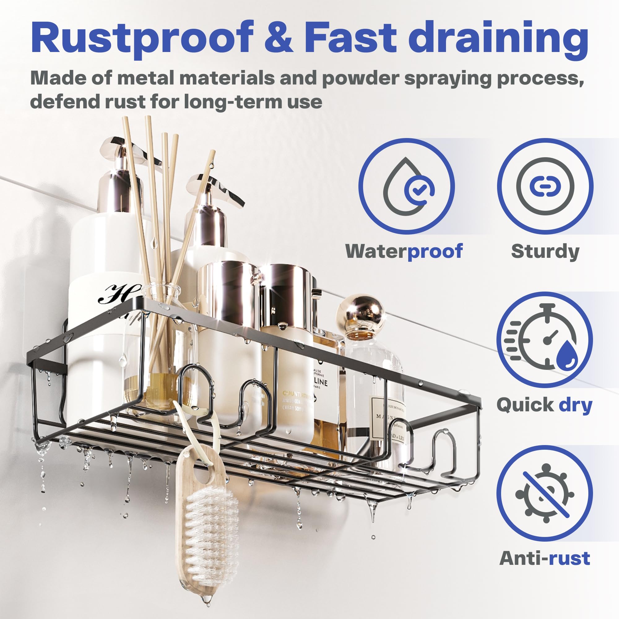 Alrom Group Shower Caddy, Black Shower Shelves, Storage For Bathroom, Shower shelf for inside shower, Stainless Steel Wall Rack, First Apartment Essentials