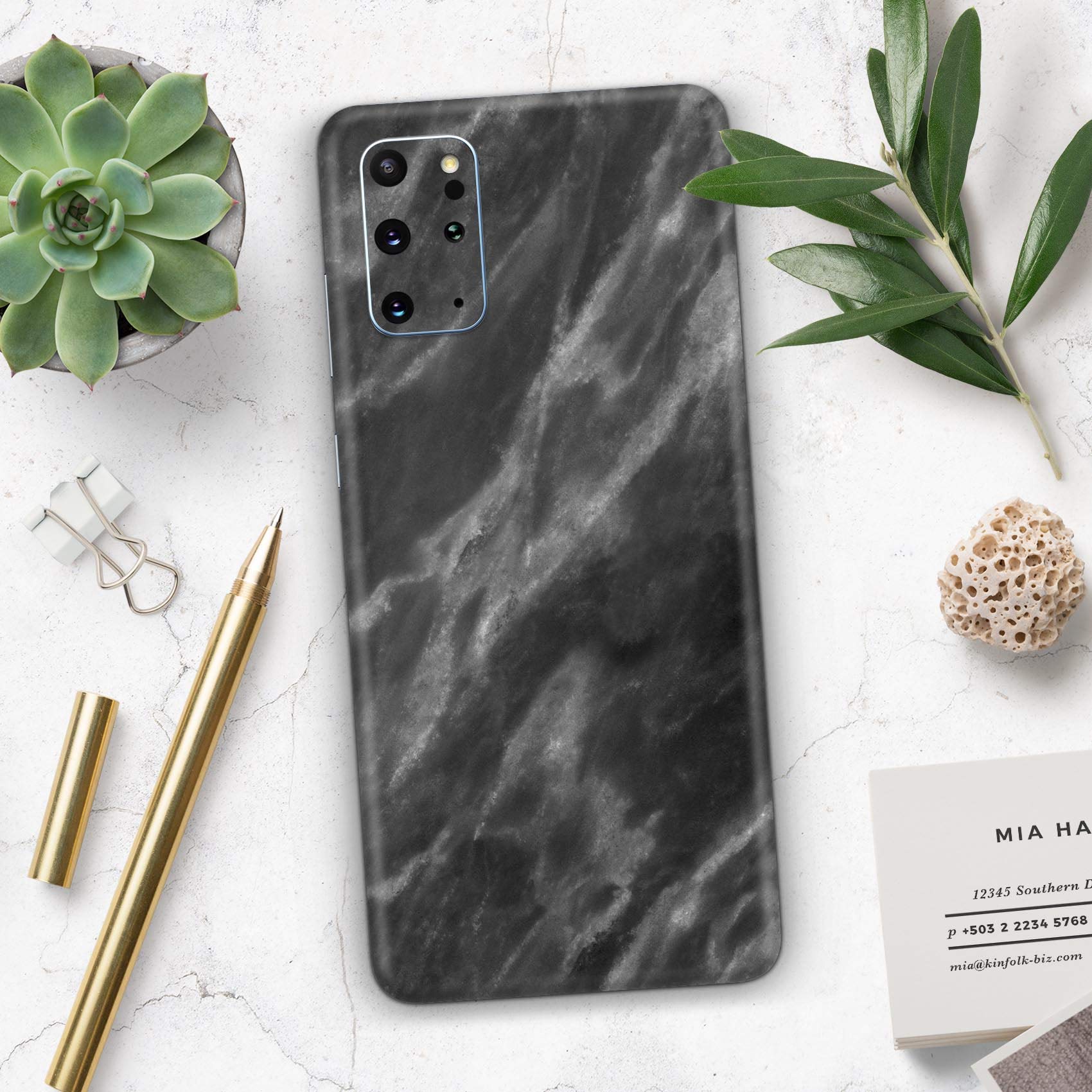 DesignSkinz Black and Chalky White Marble Protective Vinyl Decal Wrap Skin Cover Compatible with The Samsung Galaxy S20 (Screen Trim & Back Glass Skin)